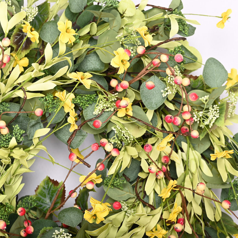 Primrue 26" Spring Eucalyptus Daisy Berry Front Door Wreath & Reviews | Wayfair